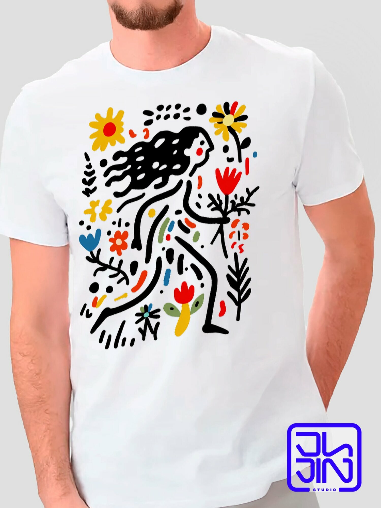 Футболка классическая мужская с авторским принтом Девушка абстрактная черно-белая с цветочными узорами и ярким подсолнухом, белый хлопковый трикотаж с прикольным рисунком на груди