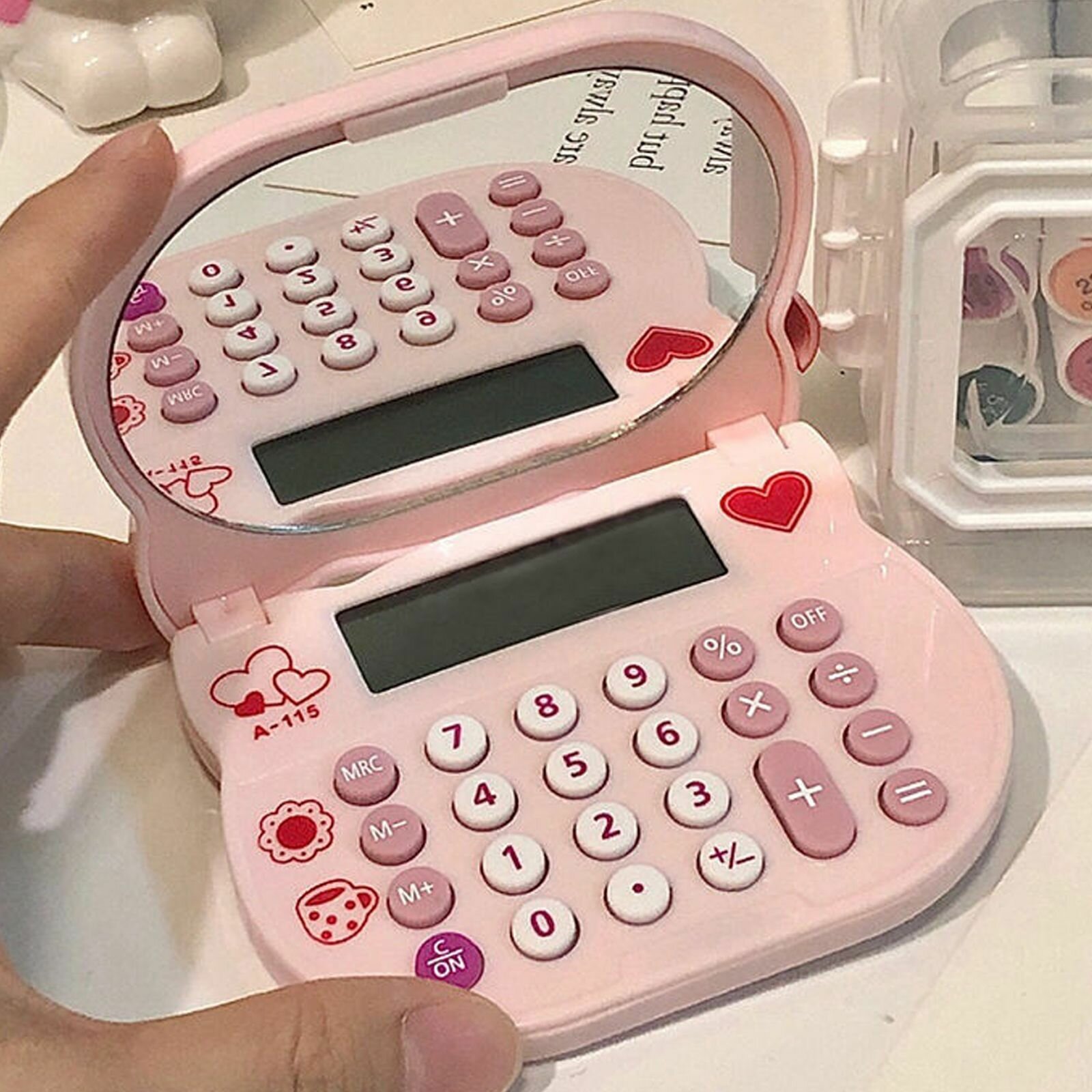 Калькулятор Hello Kitty с зеркалом для макияжа, компактный, с откидной крышкой, милый стиль для девушек