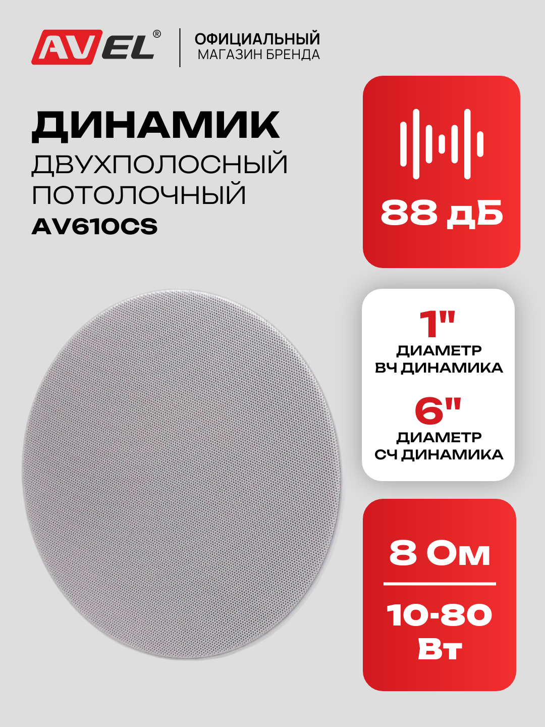 Потолочный динамик AVEL AV610CS для кухни и ванной, встраиваемый, белый