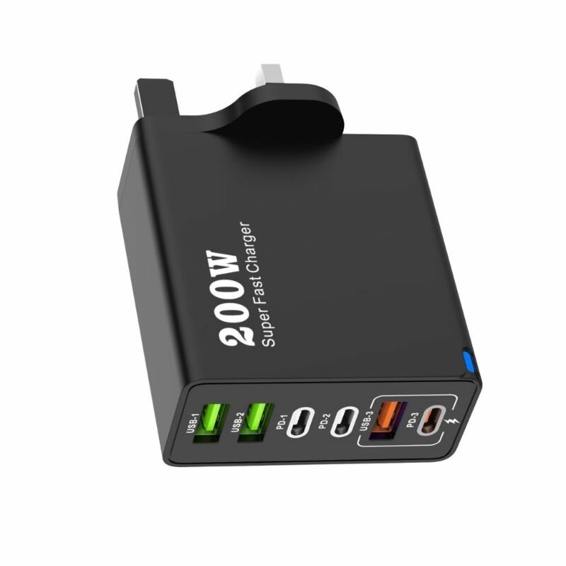Многопортовое зарядное устройство мощностью 200 Вт 3USB + 3PD для мобильных телефонов с быстрой зарядкой "шесть в одном"-Британский стандарт-черный