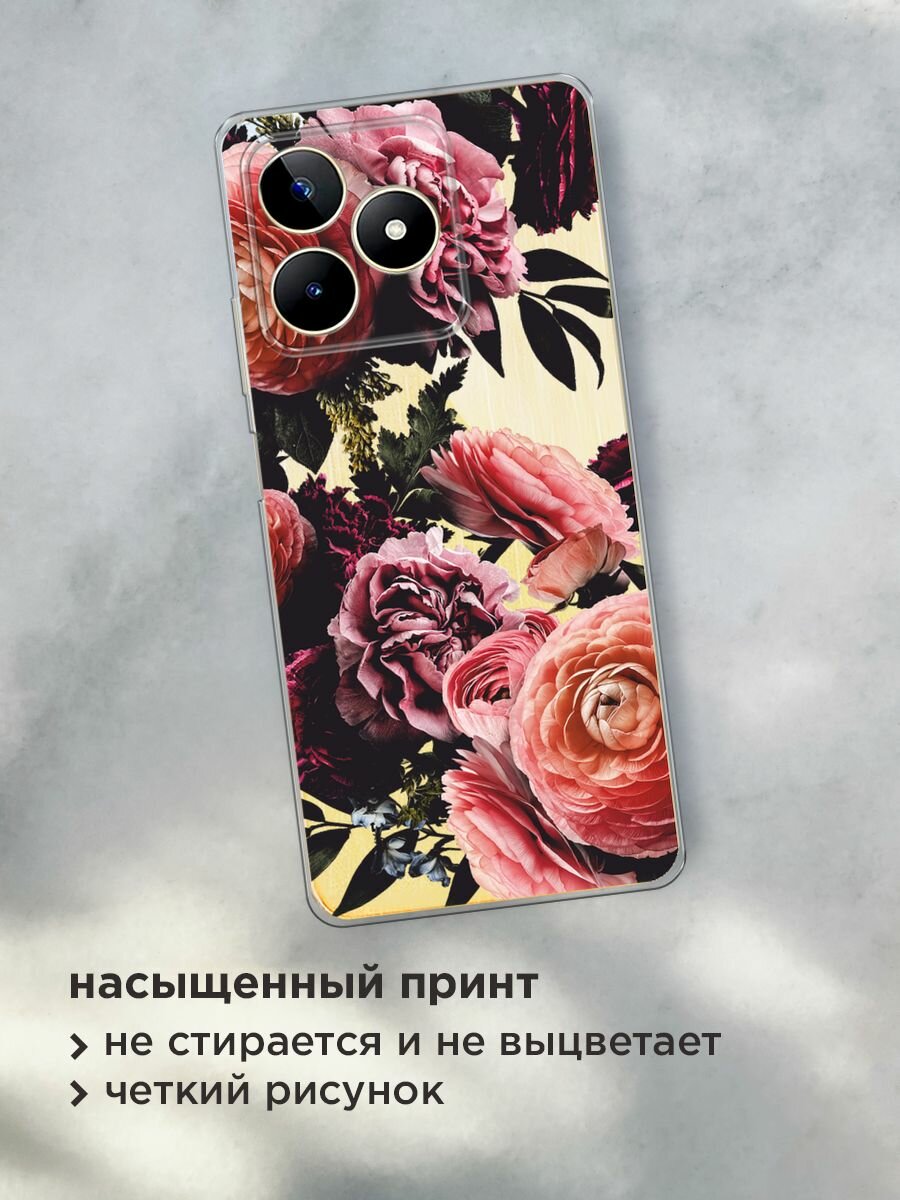 Чехол на Realme C53/C51 / Реалми С53/С51 с принтом "Бордовые винтажные цветы", прозрачный — фото 1