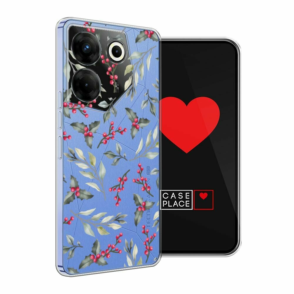 Чехол на Tecno Camon 20 Pro 5G / Текно Камон 20 Про 5G с принтом Зимние ягоды паттерн, прозрачный — фото 1