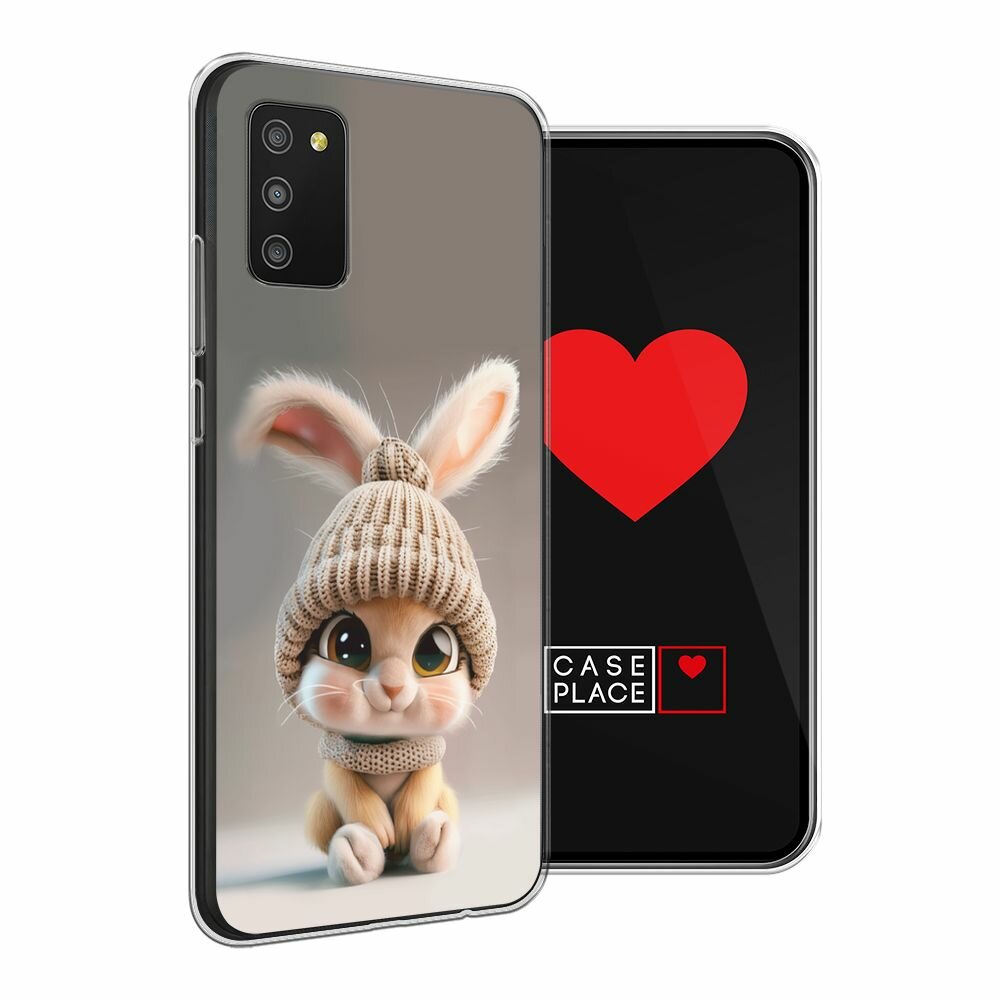 Чехол на Samsung Galaxy A02s / Самсунг Галакси A02s с принтом "Крольчонок в вязаной шапке" — фото 1