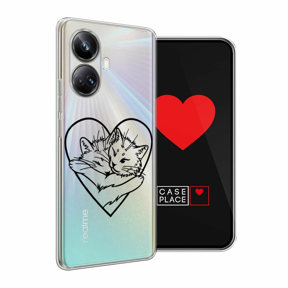 Чехол на Realme 10 Pro+ / Реалми 10 Про+ с принтом "Влюблённые котики рисунок 3 - 14 февраля", прозрачный — фото 1