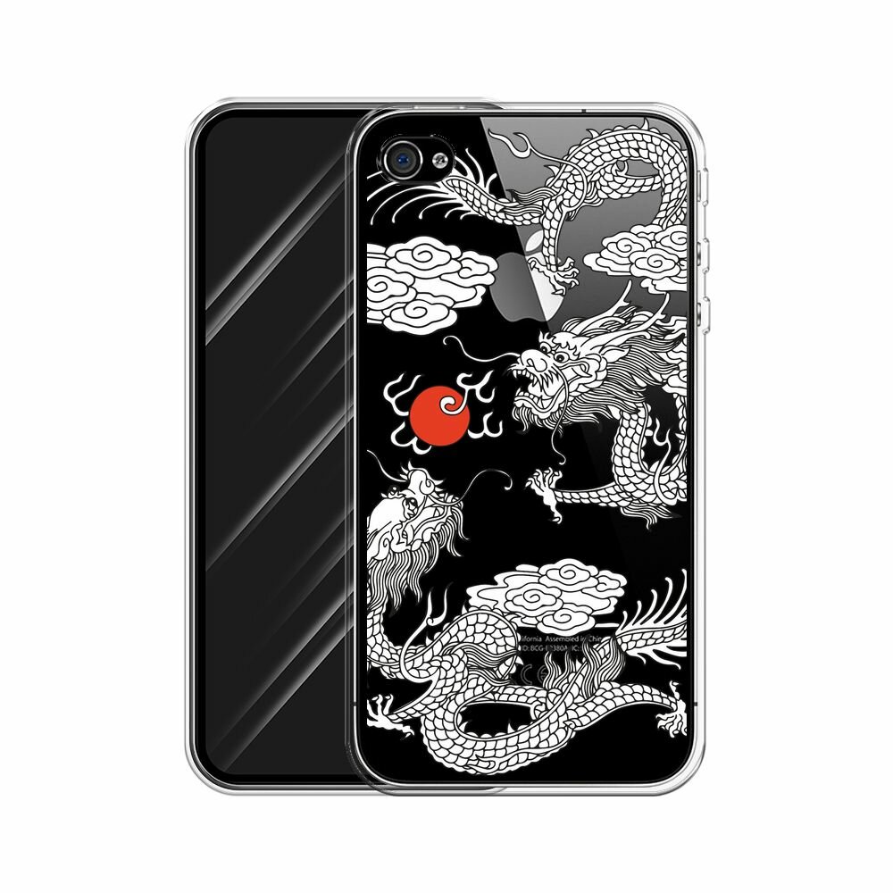 Чехол на Apple iPhone 4/4S / Айфон 4/4S с принтом "Драконы и Солнце", прозрачный — фото 1