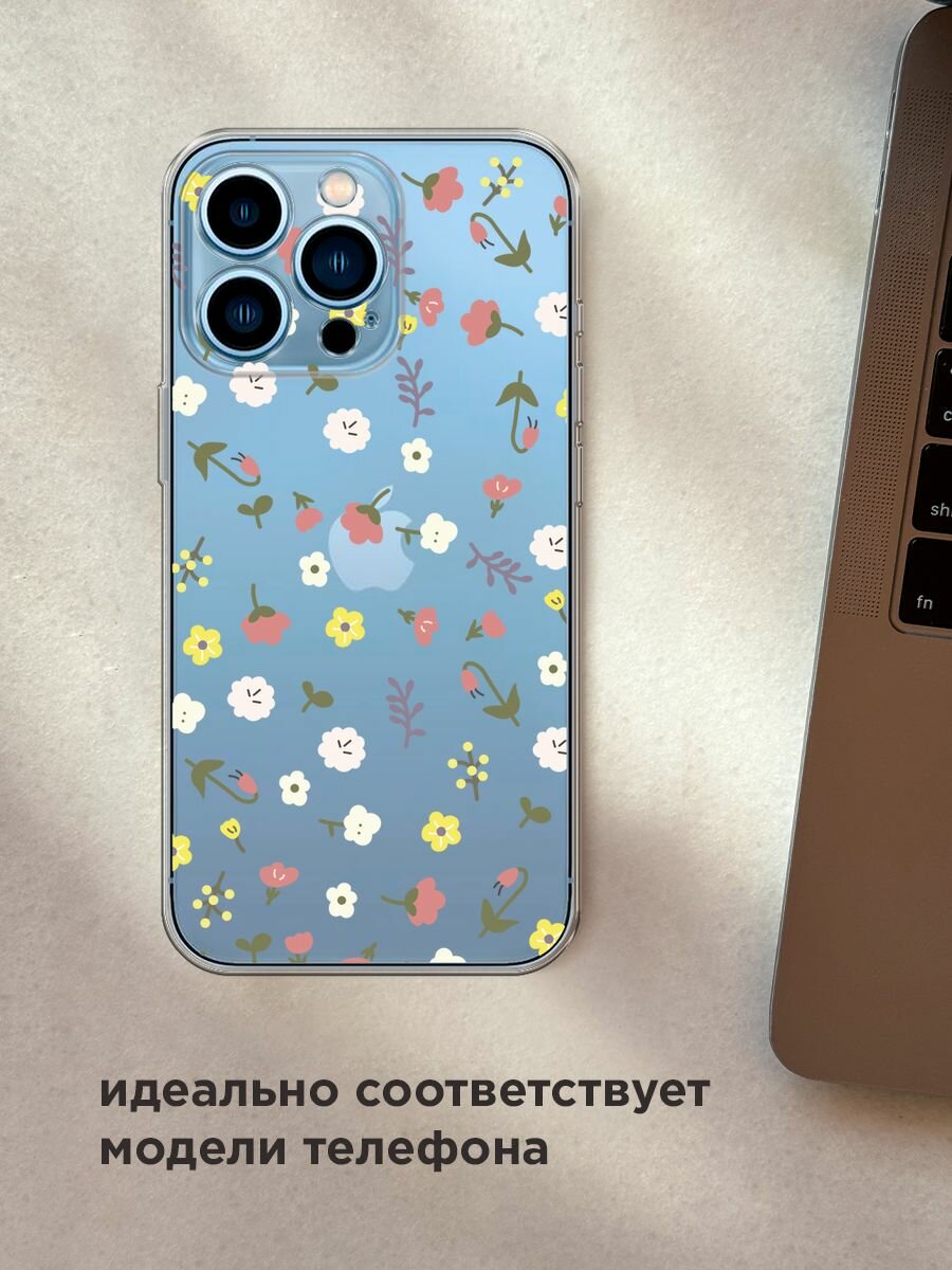 Чехол на Apple iPhone 13 Pro / Айфон 13 Про с принтом "Россыпь цветов рисунок", прозрачный — фото 1
