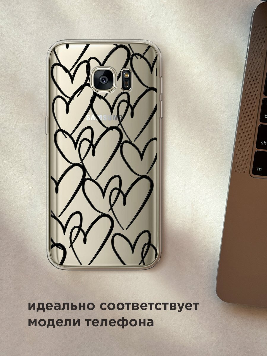 Чехол на Samsung Galaxy S7 / Самсунг Галакси С 7 с принтом "Hearts doodle black 1" — фото 1