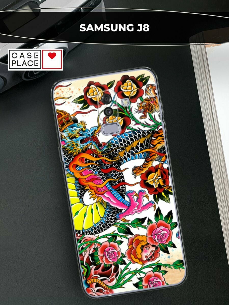 Чехол на Samsung Galaxy J8 / Самсунг Галакси Джей 8 с принтом "Дракон в цветах"