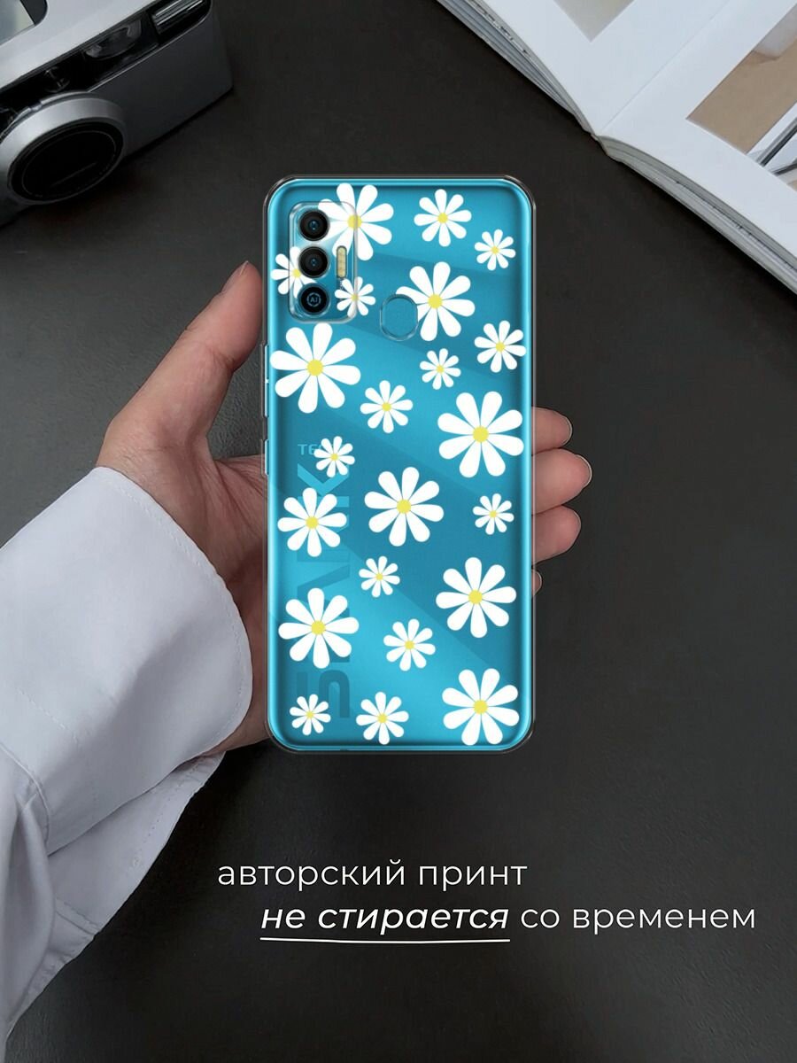 Чехол на Tecno Spark 7 / Техно Спарк 7 с принтом "Большие ромашки", прозрачный — фото 1