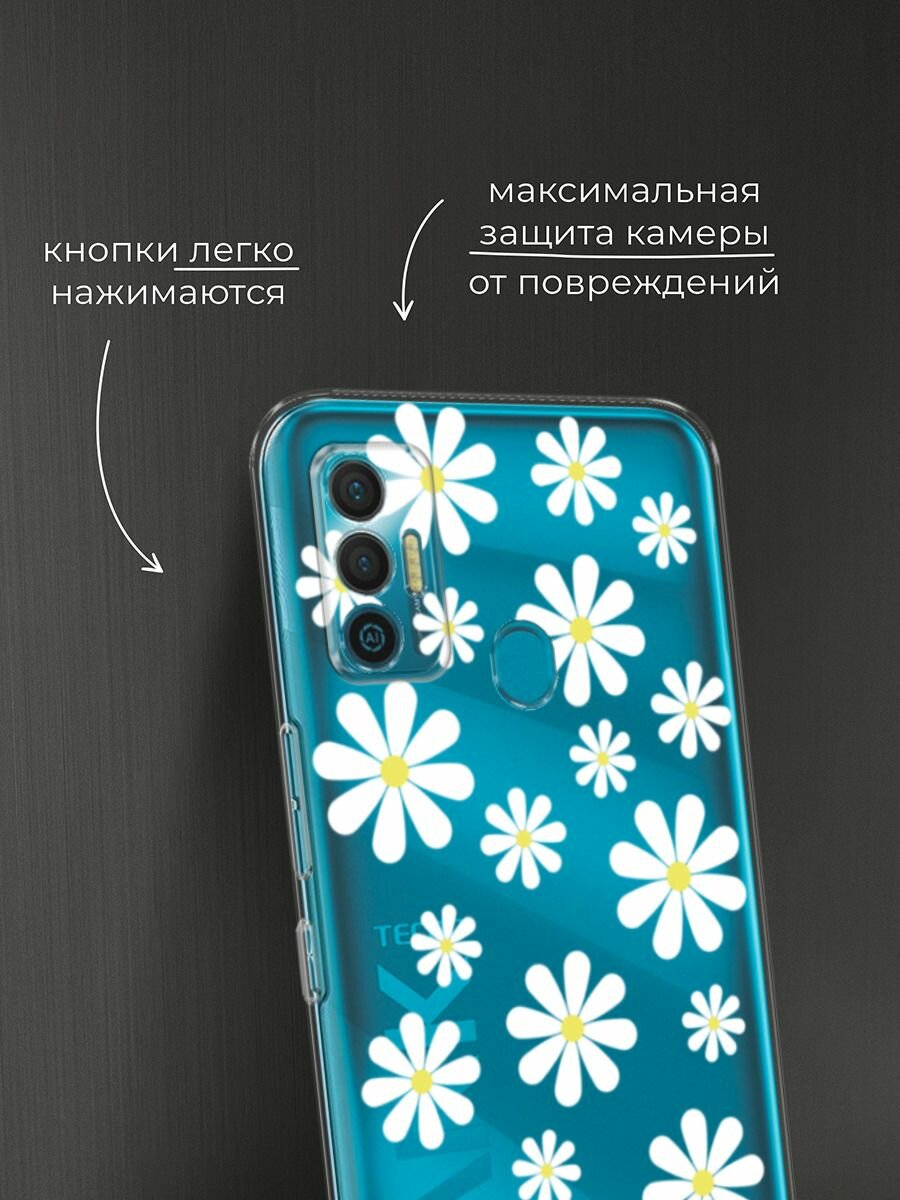 Чехол на Tecno Spark 7 / Техно Спарк 7 с принтом "Большие ромашки", прозрачный — фото 1