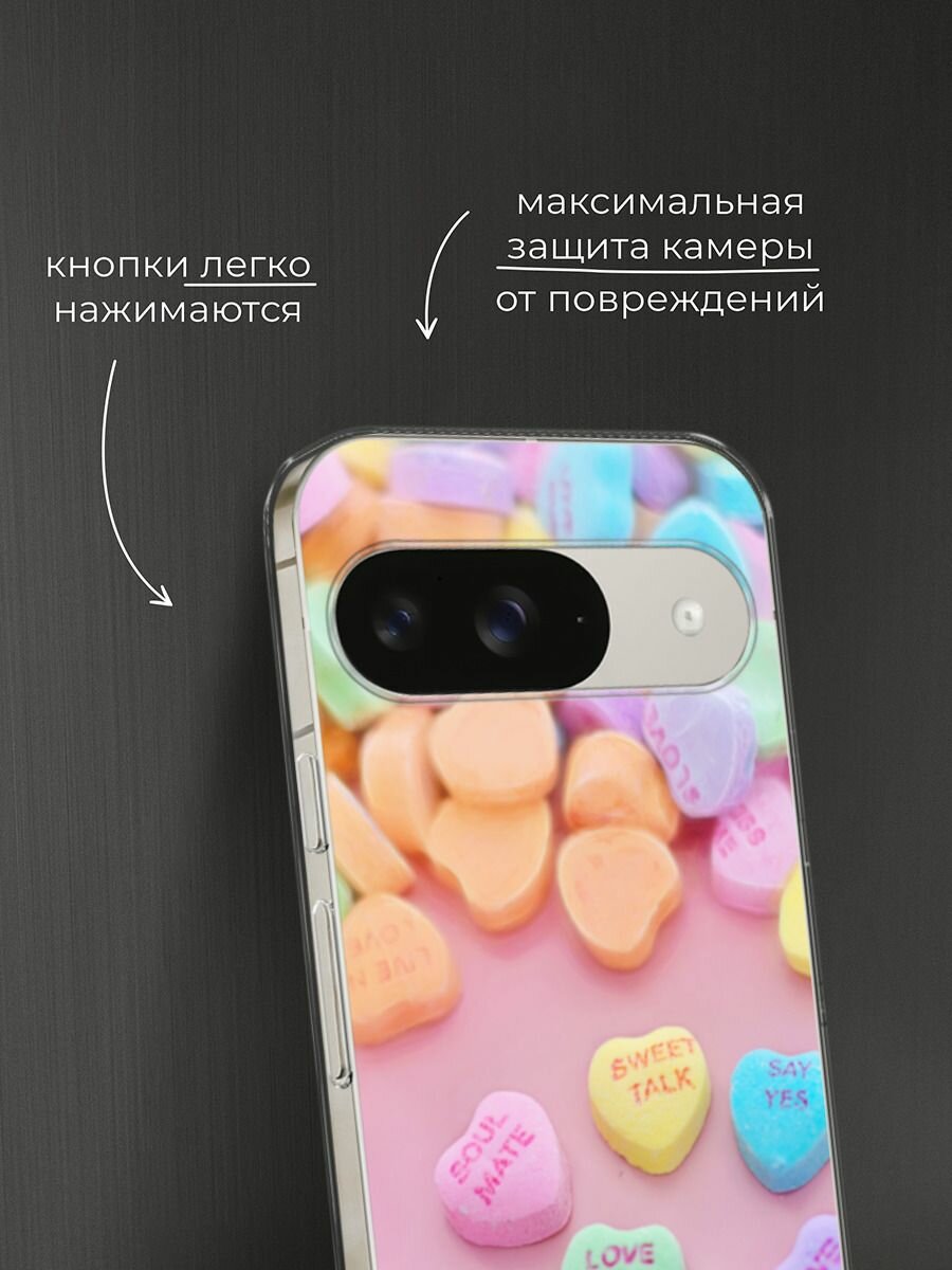 Чехол на Google Pixel 9 / Гугл Пиксель 9 с принтом "Конфетки сердечки 2" — фото 1