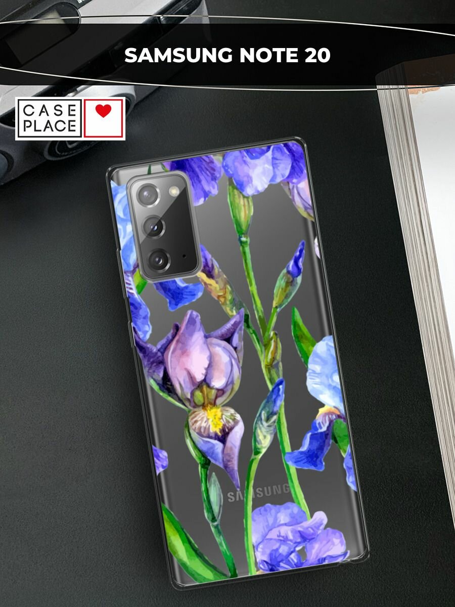 Чехол на Samsung Galaxy Note 20 / Самсунг Галакси Ноут 20 с принтом "Синие ирисы", прозрачный