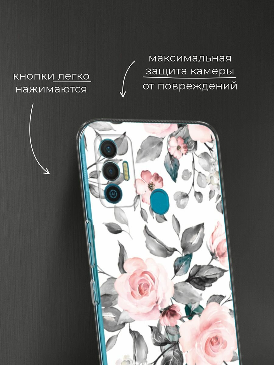 Чехол на Tecno Spark 7 / Техно Спарк 7 с принтом "Розы на белом" — фото 1