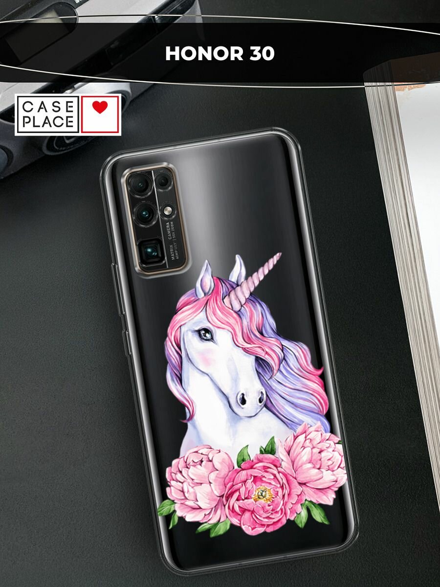 Чехол на Honor 30 / Хонор 30 с принтом "Единорог с пионами", прозрачный