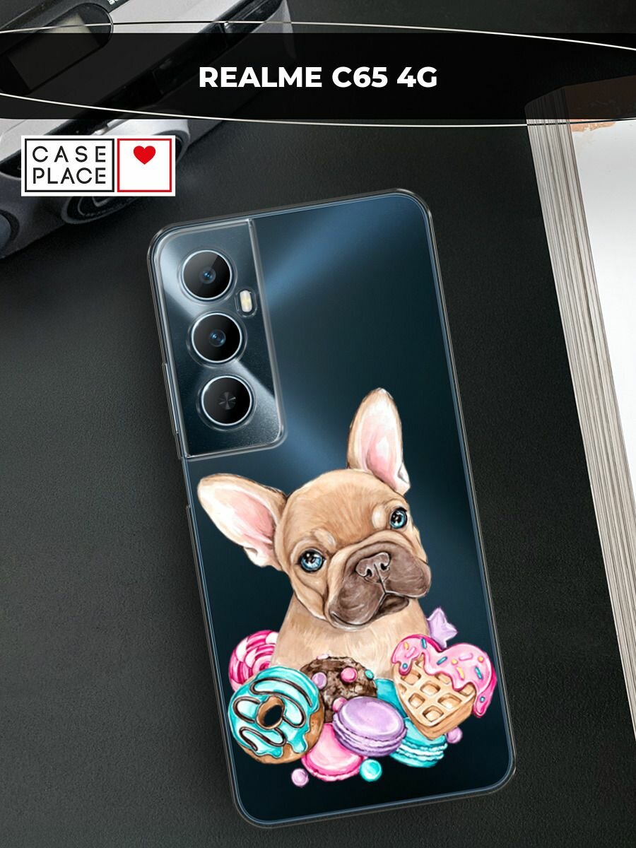 Чехол на Realme C65 / Реалми С65 с принтом "Бульдог и сладости", прозрачный