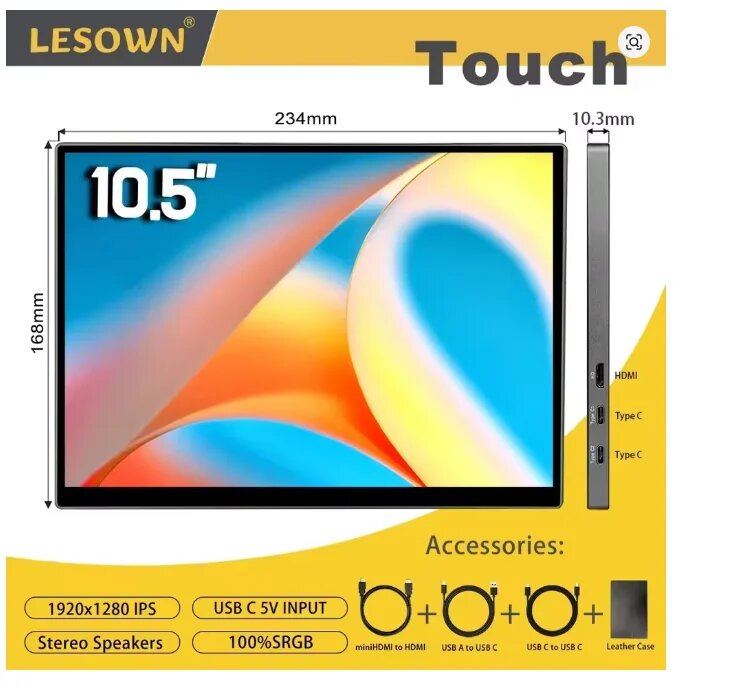 Портативный монитор ZGYNK 10,1/10,5 дюйма Black 10.5 touch