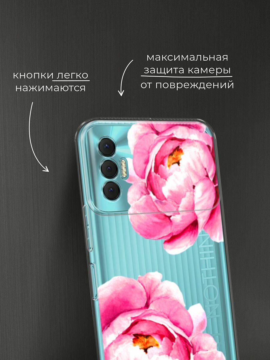 Чехол на Tecno Spark 8P / Техно Спарк 8P с принтом "Open peonies", прозрачный — фото 1