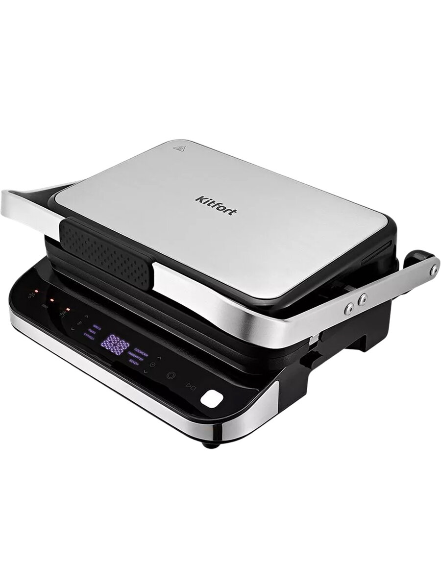 Электрогриль Kitfort КТ-1682, серебристый/черный, 2000Вт, антипригарное покрытие