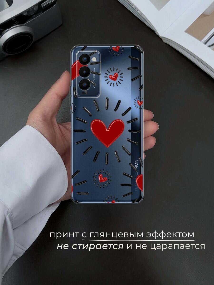 Чехол на Tecno Camon 18P / Техно Камон 18Р с принтом "Бордовые сердца паттерн" — фото 1