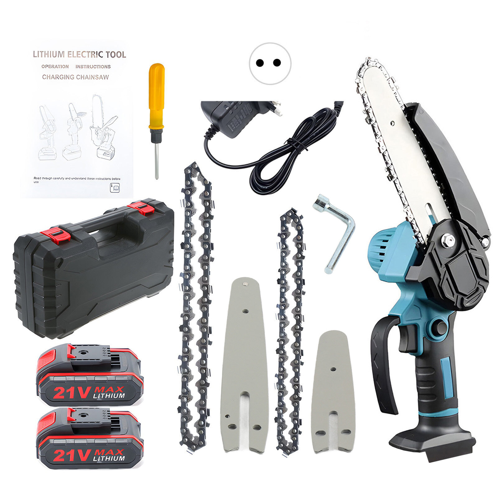 Мини -бензопила 4 -дюймовая 6 -дюймовая портативная бензопила с охраной блокировки 2 цепи 21 В. Перезаряжаемая аккумуляторная аккумуляторная батарея.