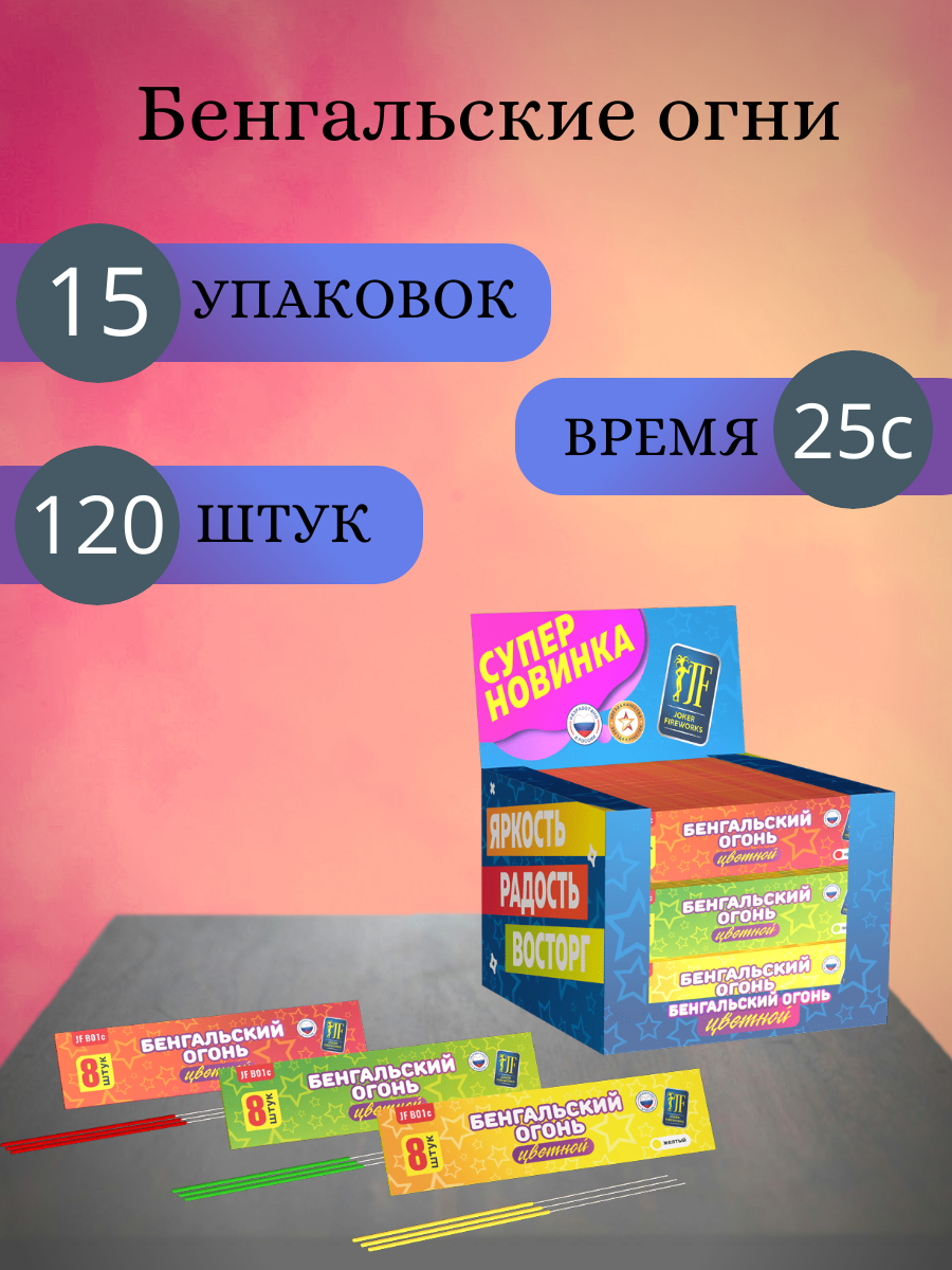 Бенгальский Огонь цветной 16см, 15 упаковок по 8 шт, Joker Fireworks, пиротехника на Новый год!