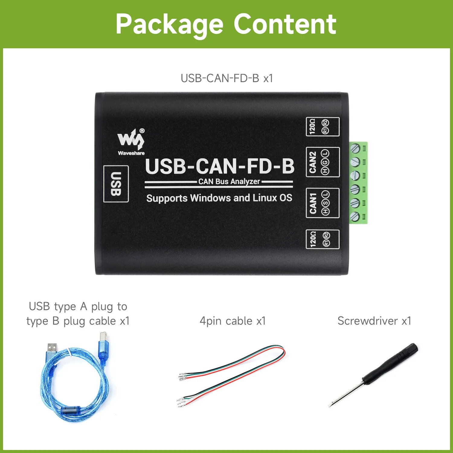 Анализатор данных шины CAN/CAN FD промышленного класса Waveshare, карта интерфейса связи шины CAN/CAN FD, адаптер USB-CAN FD USB-CAN-FD-B
