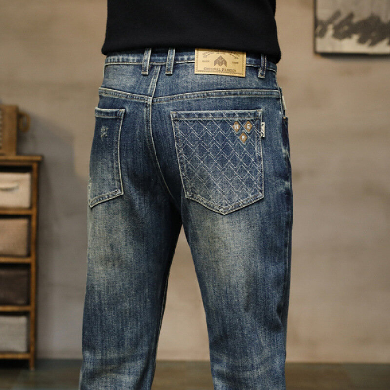 Охоты Брюки JYL Новые широкие эластичные ретроцветные джинсы мужские прямые толстые