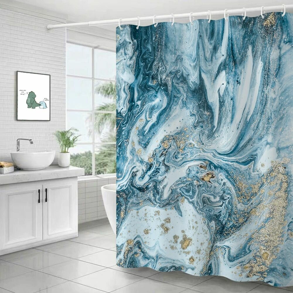 Штора для ванной Marble тканевая 180х180. Шторка, занавеска в ванную комнату с 12 крючков типа C
