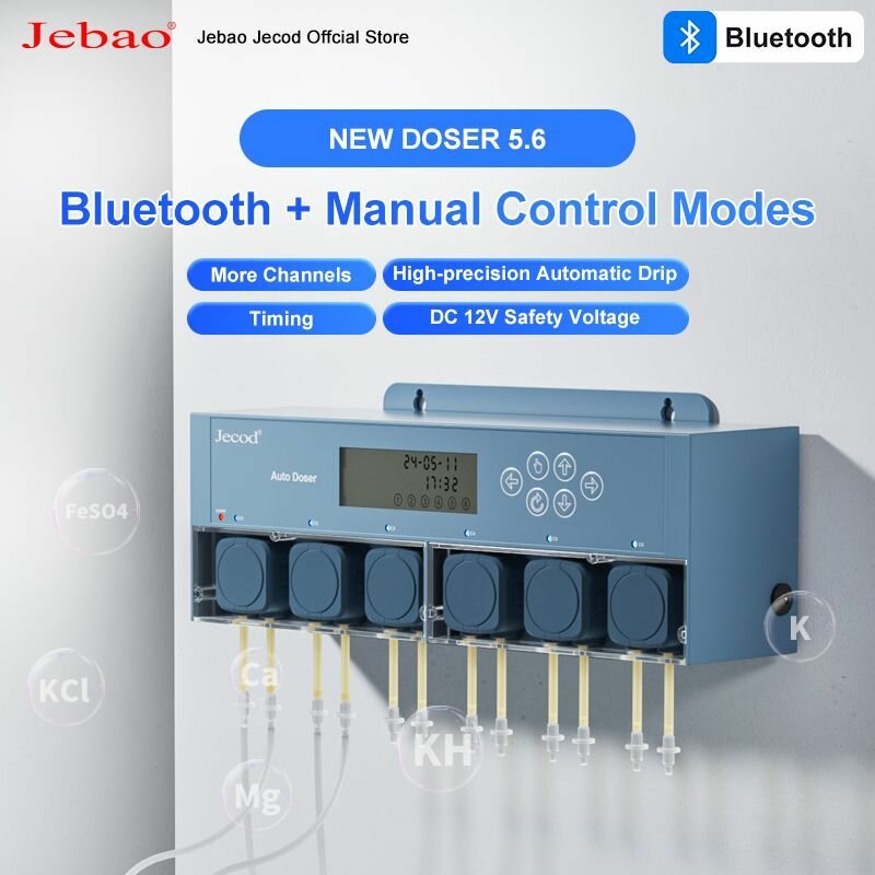 Jebao Jecod DOSER-5.6, насос-дозатор для аквариумов, можно управлять им с помощью подключения Bluetooth к приложению и кнопками, предназначен для инelligentного добавления питательных веществ.