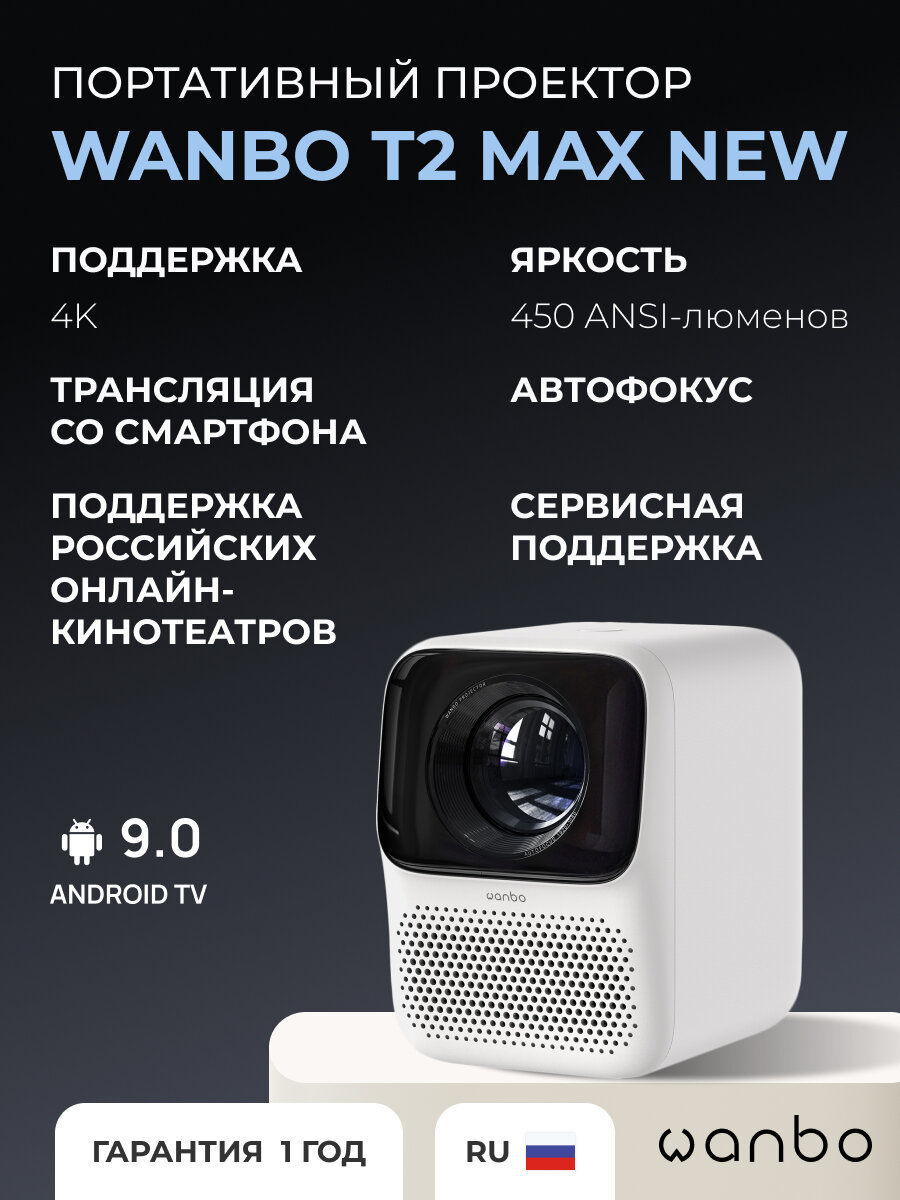 Проектор Wanbo T2 Max New, портативный, для домашнего кинотеатра, 1920 x 1080, Bluetooth, Wi-Fi