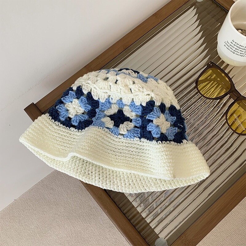 Летняя шерстяная рыбацкая шапка ручной работы для женщин, полая дышащая шляпа-ведро в корейском стиле, модная вязаная шапка в стиле Хёна
