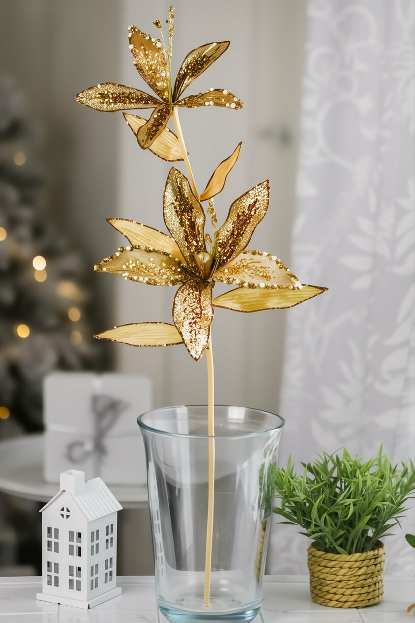 Декоративная ветка ускользающая красота, полиэстер, золотой, 54 см, Winter Deco 5001127