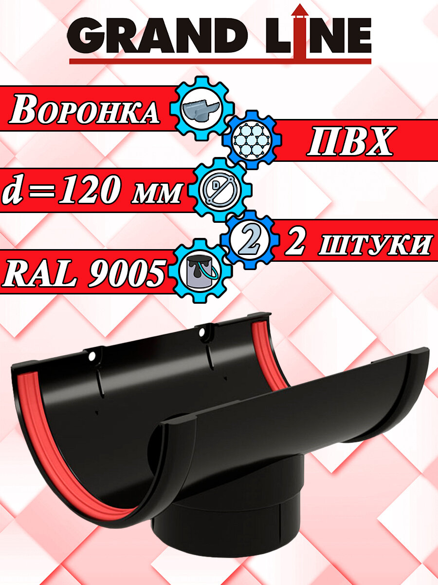 Воронка желоба Grand Line 2 шт черный (d 120 /83 мм) соединительная ПВХ для водосточной системы Гранд Лайн( RAL 9005) комплект элементов водостока для крыши