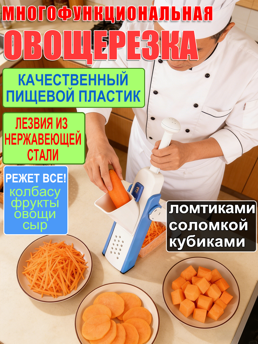 Овощерезка, многофункциональная, с контейнером, пластик, серая/зеленая
