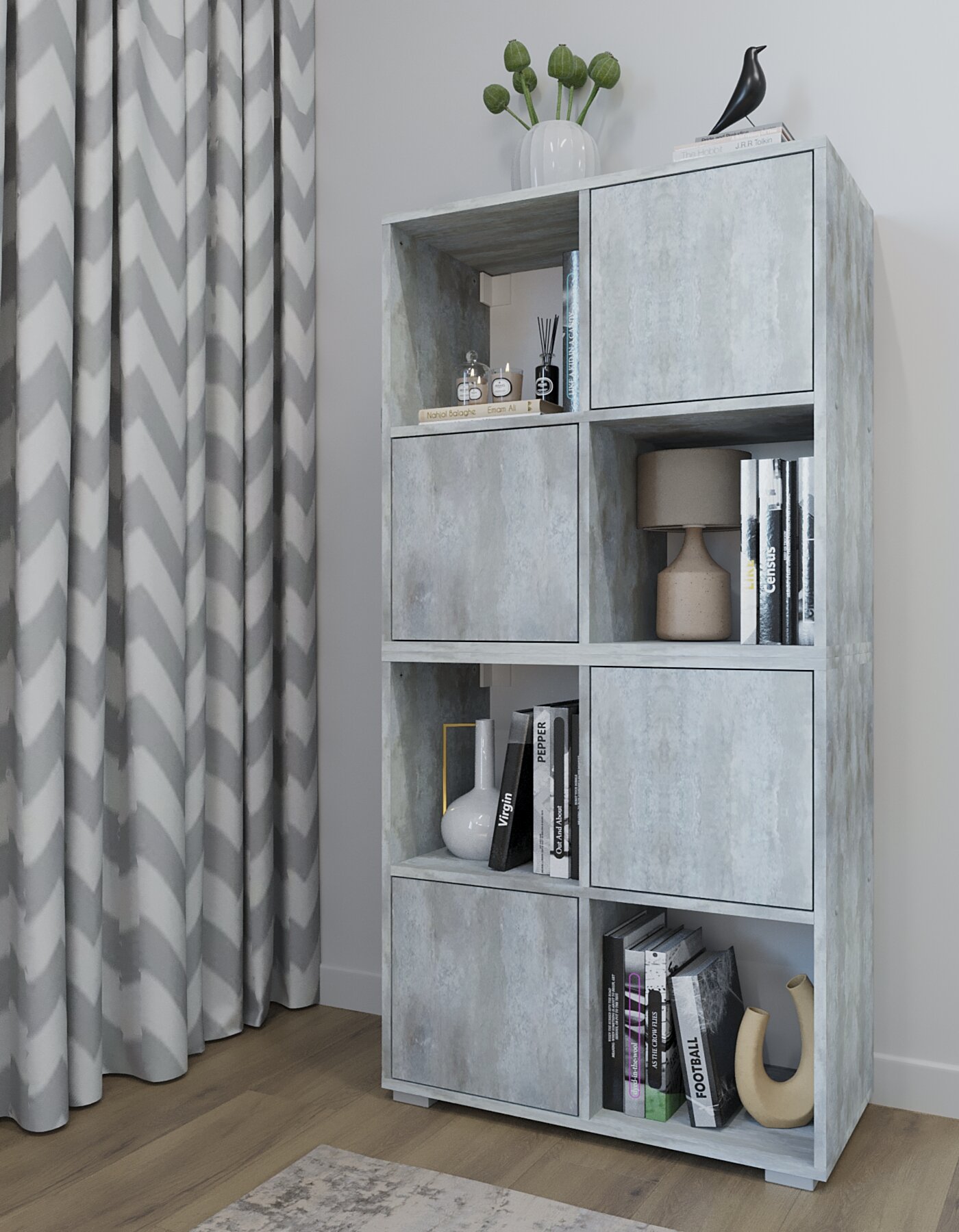 Стеллаж с дверками ЛДСП, для детской, гостиной, прихожей, 71х35,5х71 см, цемент/бетон/светло-серый