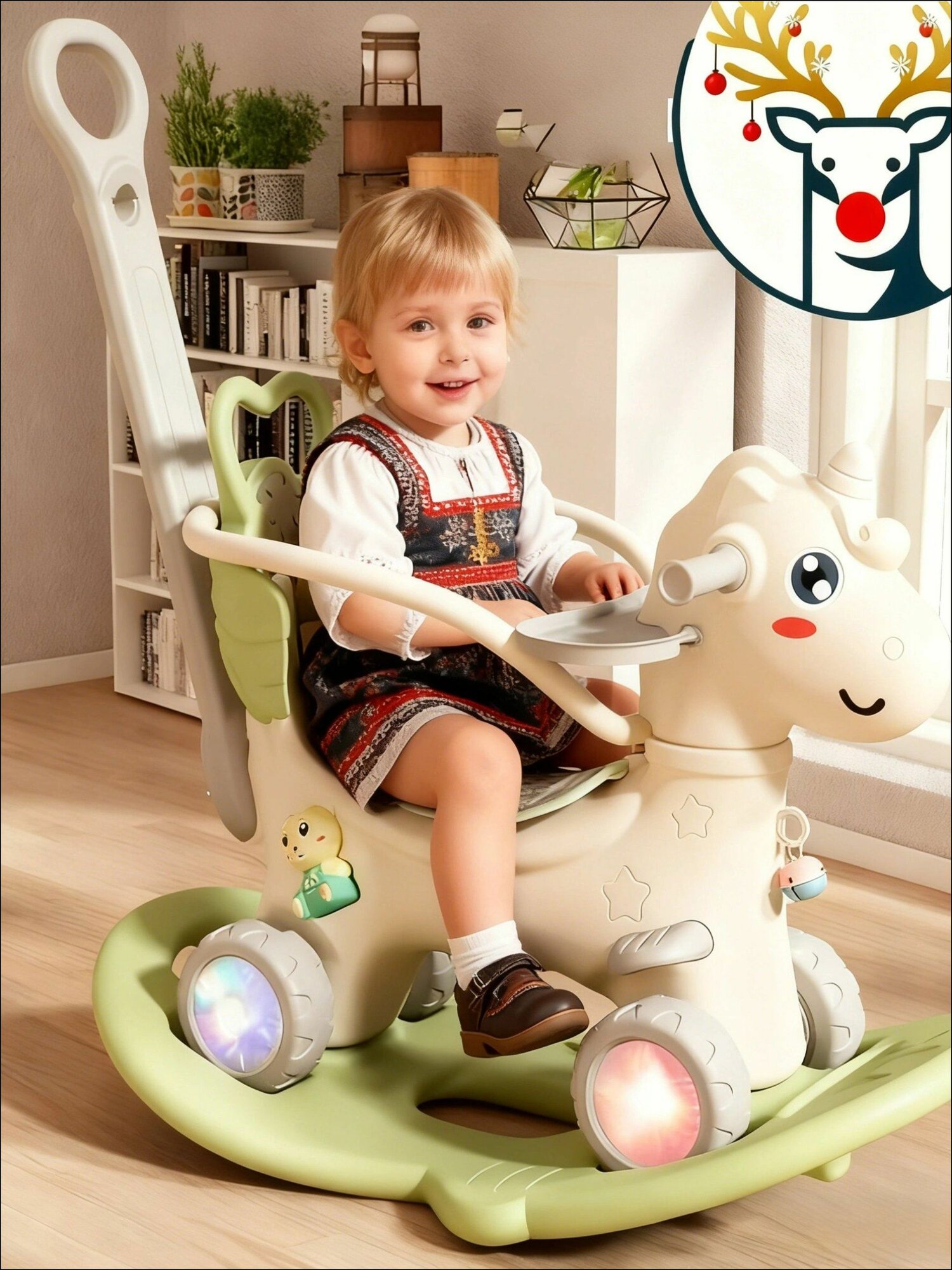 Роскошная детская качалка 2 в 1 Лошадка Christmas Deer с подсветкой колес, эксклюзивный бестселлер