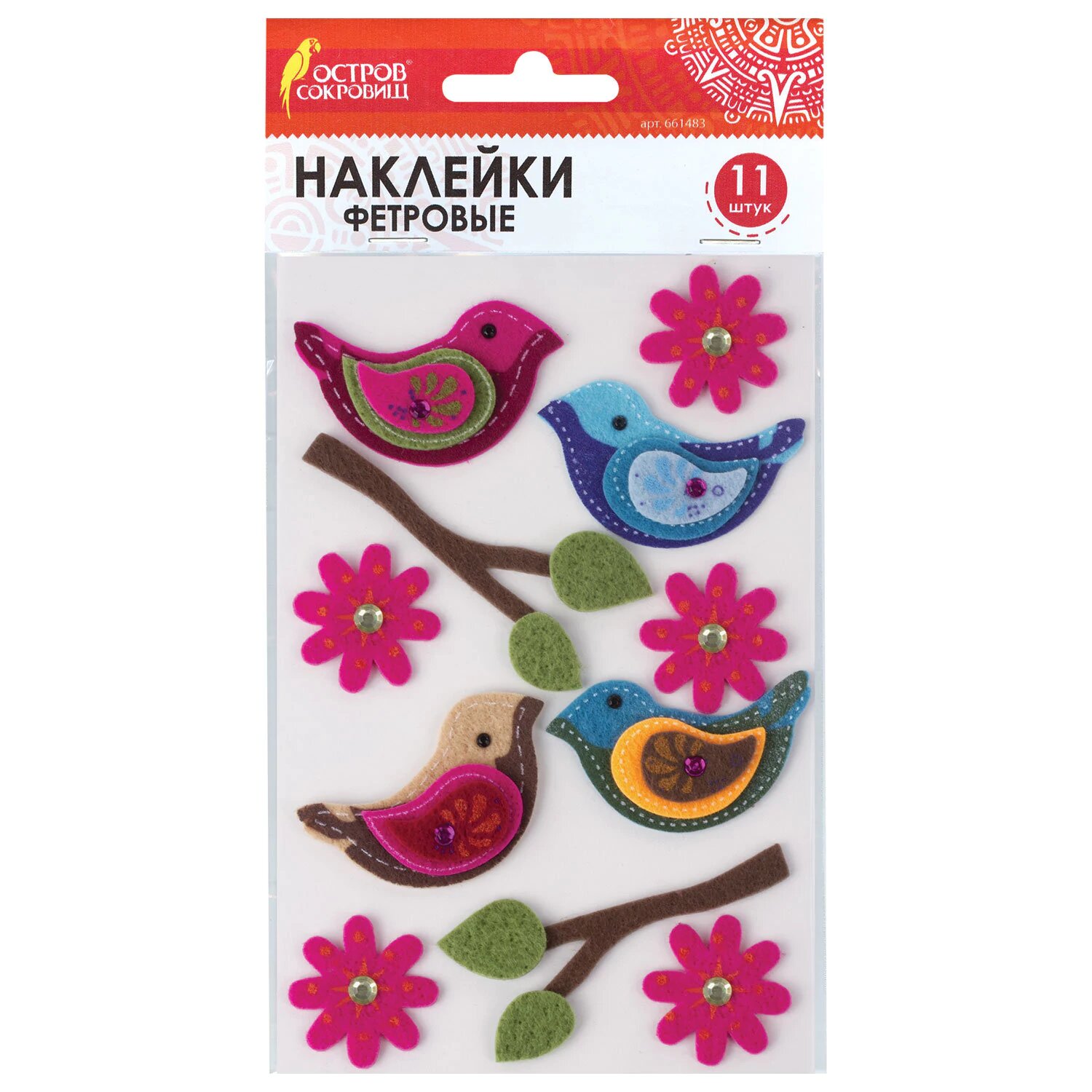 Наклейки из фетра "Птички", 11 шт, ассорти, остров сокровищ, 661483, 2шт.