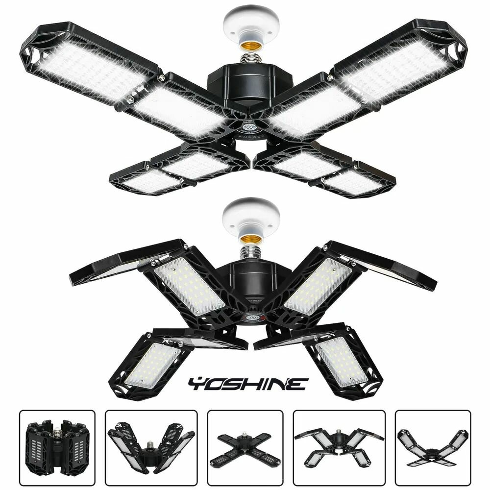 Супер яркий светодиодный гаражный светильник мощностью 75 Вт с 8 регулируемыми панелями, основание 15000LM 6500K E27, для магазина, мастерской, подвала