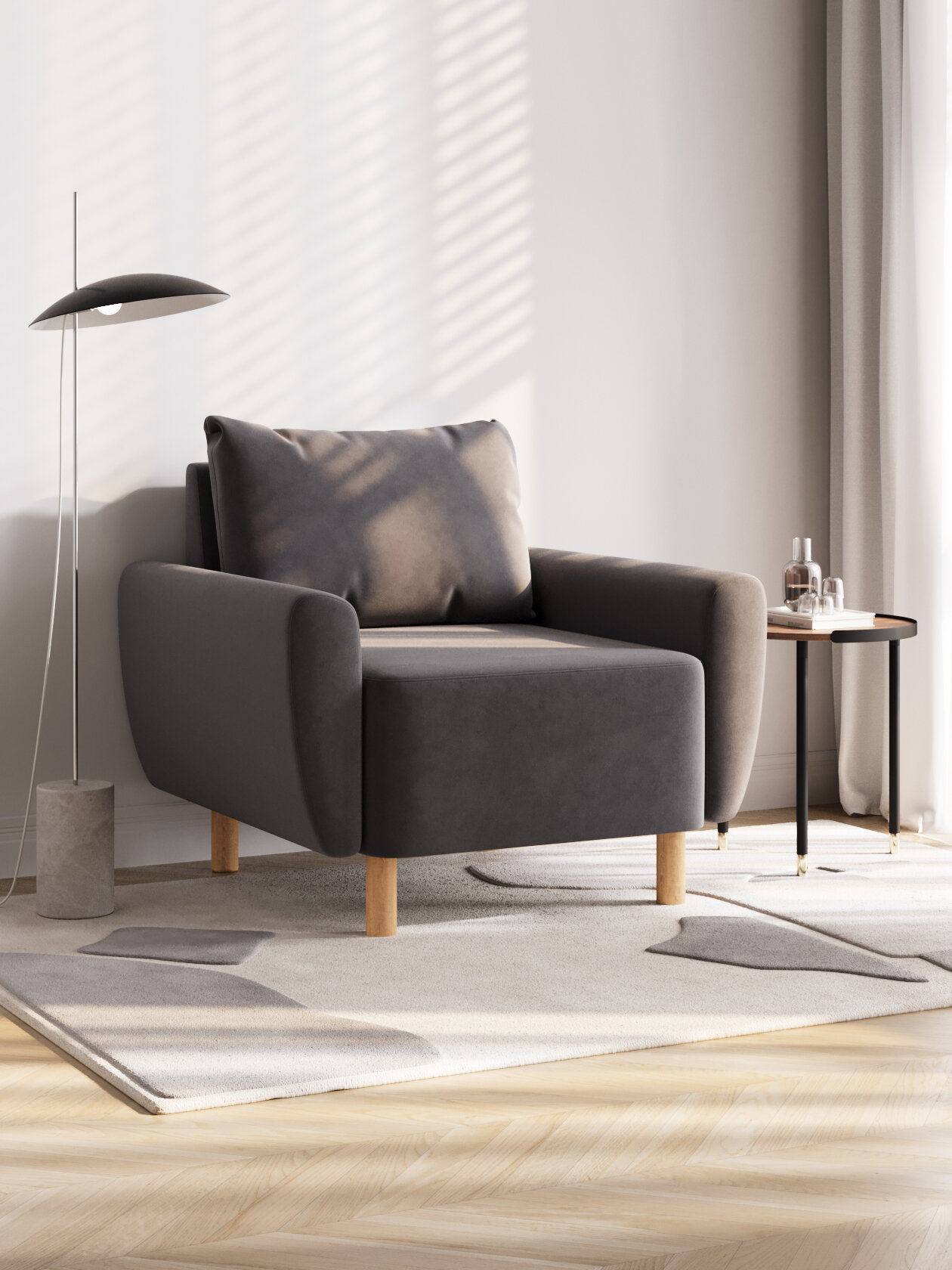 Кресло мягкое для отдыха дома Аксель со съемной подушкой, высокие ножки, 89х86х80 см, Графит, велюр