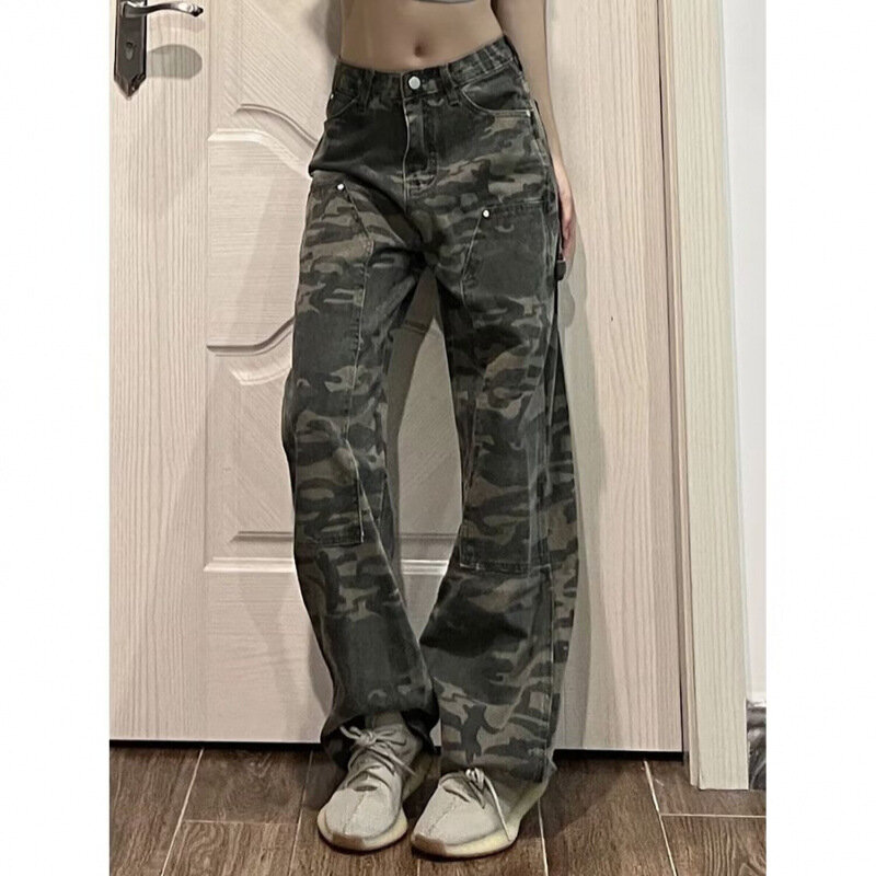 Тренд RONG CH Женские Джинсы Карго Камуфляж Высокие Слим Винтаж Деним, Размер_S