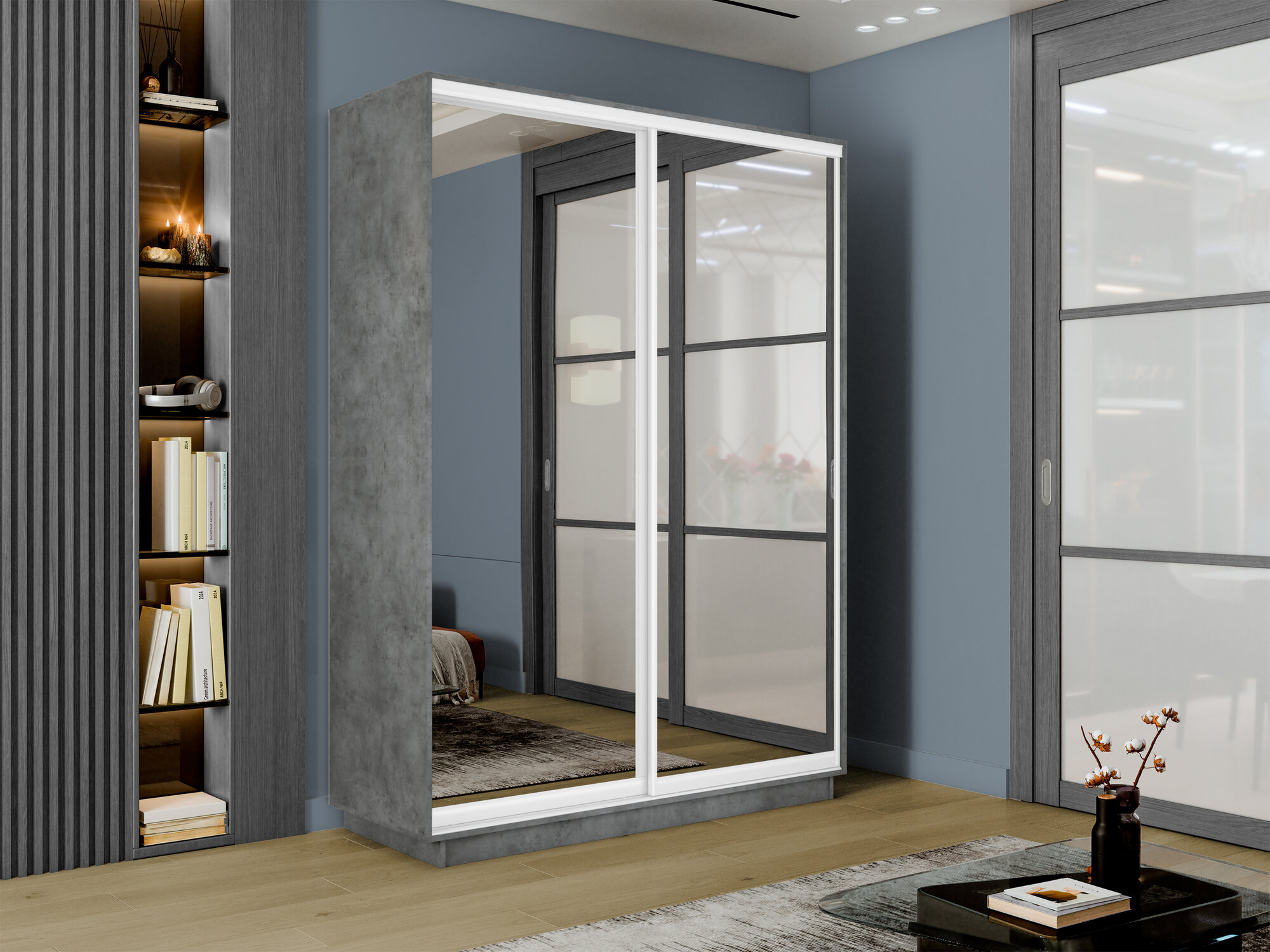 Шкаф купе Вилли 2-х дверный ЛДСП, зеркальные двери, профиль белый 140 см х 220 см х 60 см (Бетон)