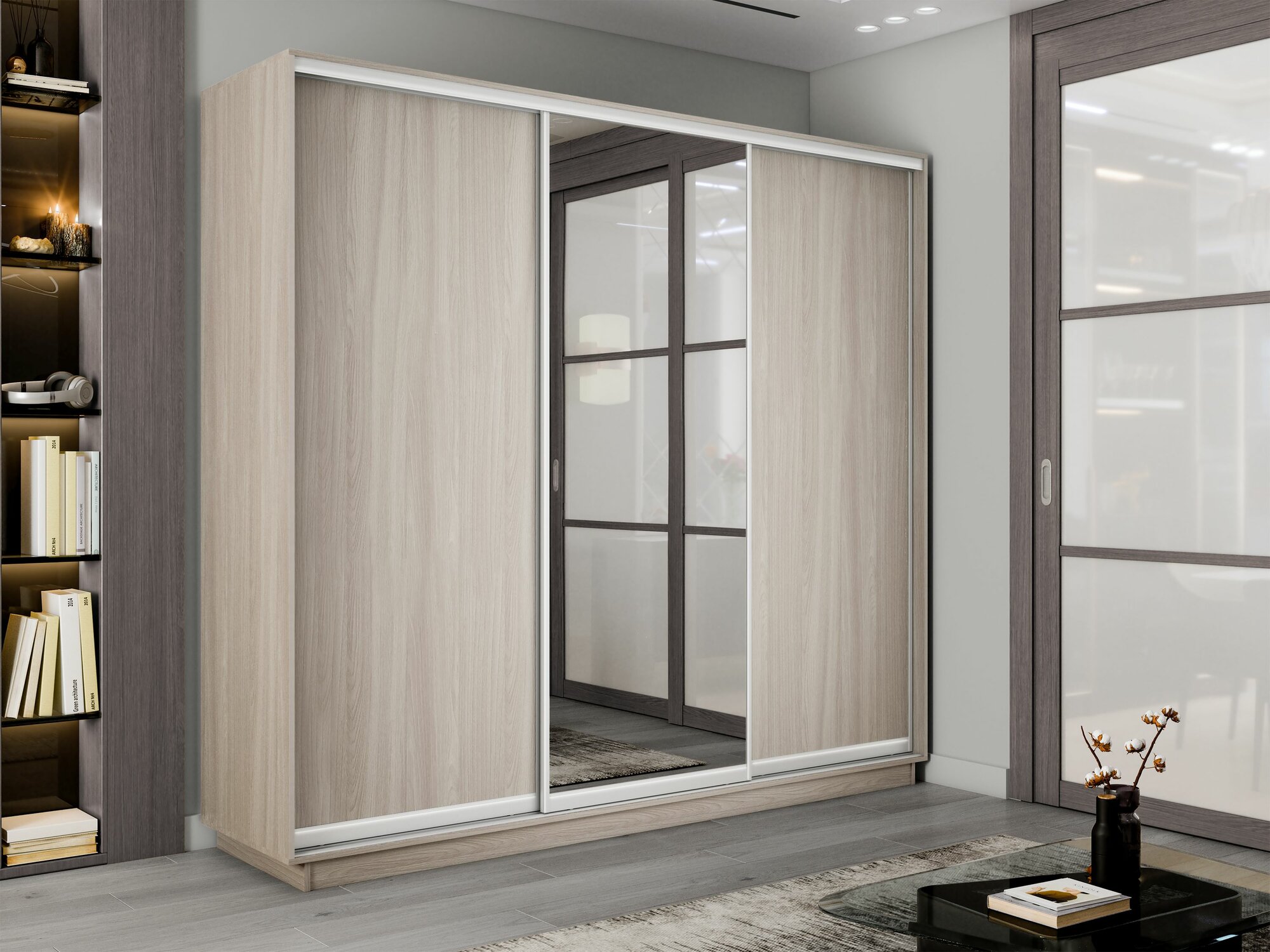 Шкаф купе Вилли 3-х дверный ЛДСП с зеркалом, профиль серебро 240 см х 240 см х 45 см (Ясень шимо-светлый)