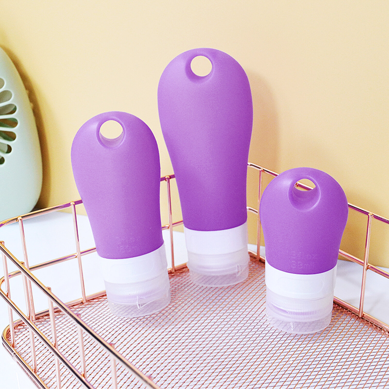 3PCS Пустые Силиконовые Путёвые Бутылки с Ключholders для Санитайзера Шампуня Лосьона Туалетных Средств с Откидной Крышкой, Размеры 38ml + 60ml + 90ml, Цвета Белый Голубой Розовый Фиолетовый Зелёный, Для Вне дома, Портативные
