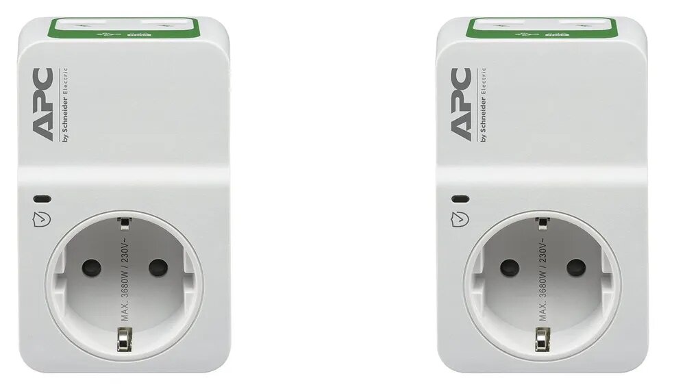 Schneider Apc Surge Protector , Pm1Wu2-Gr, Адаптер розетки с защитой от высокого напряжения (1 штекер Schuko, 2 розетки для зарядки USB, белый) 2 шт.