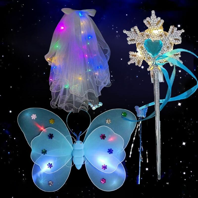 Костюм для девочек с перьевыми крыльями, светящийся вуаль, косплей, детский праздник, реквизит, волшебная палочка