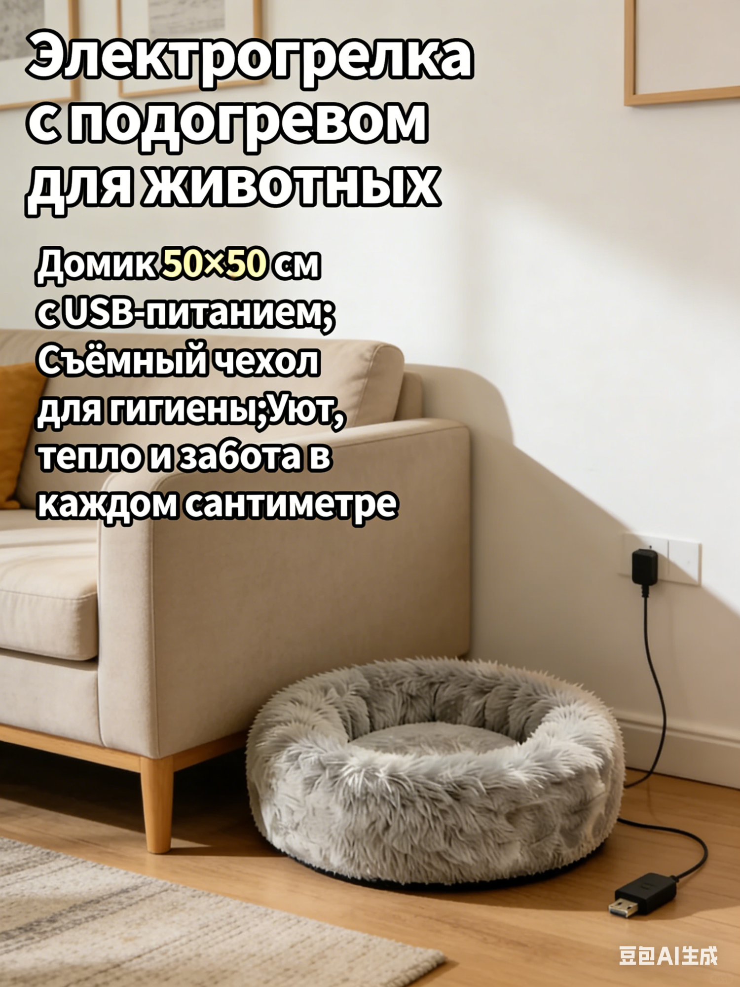 Лежанка для собак и кошек с подогревом 50x50x20см, коврик с подогревом для животных, грелка электрическая，серый