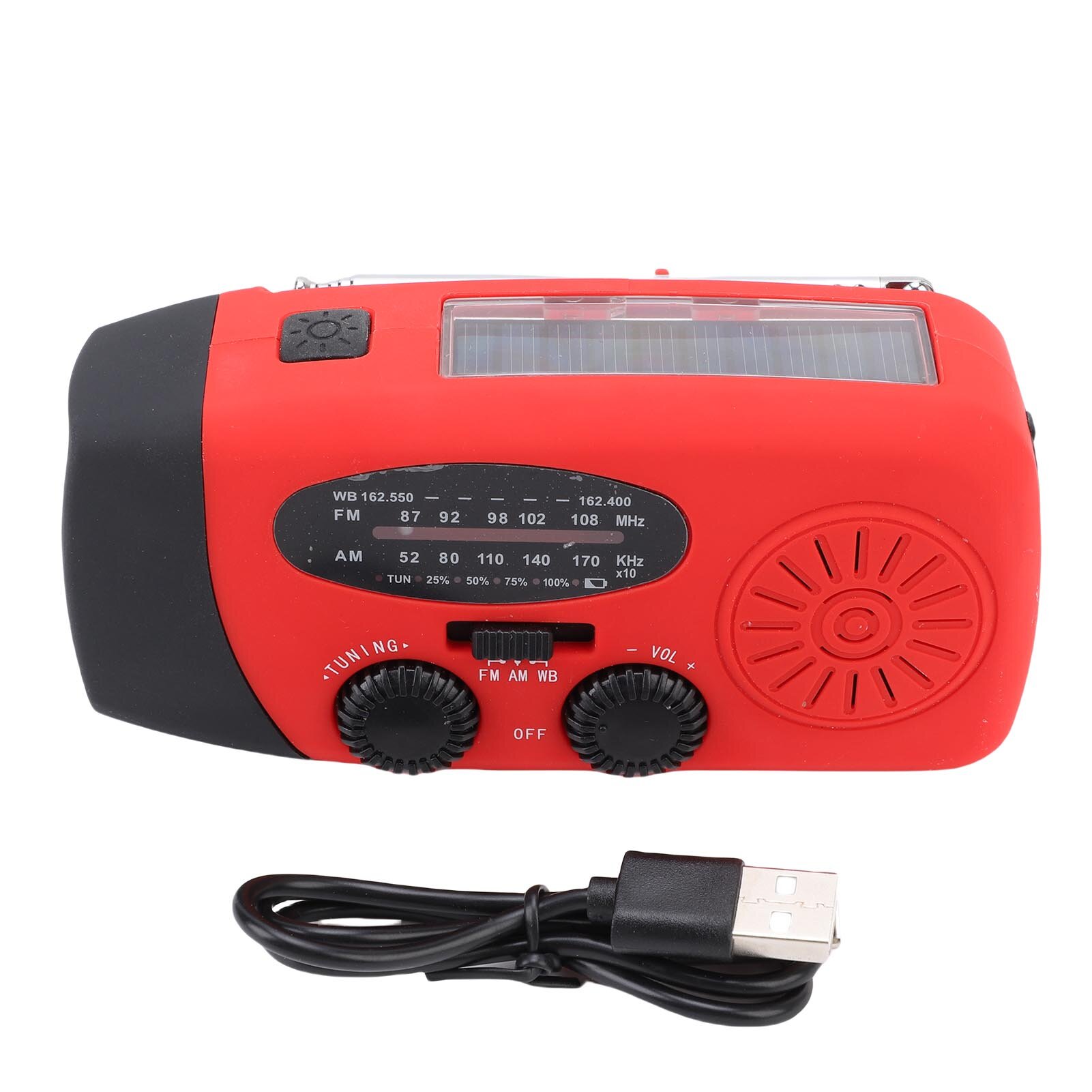 Аварийное радио 2000mAh, AM/FM/WB, ручной генератор, солнечная зарядка, с фонариком