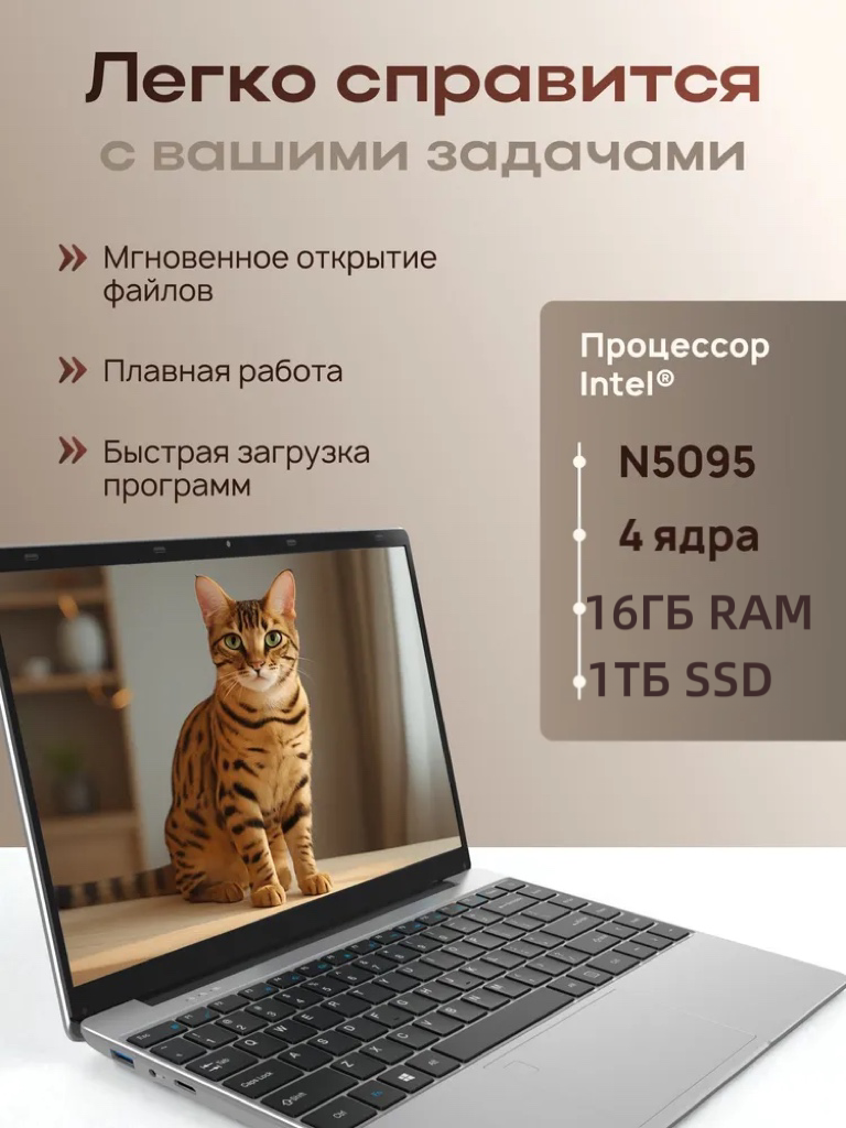 Ноутбук 15.6", Intel N5095, RAM 16 ГБ, SSD 1024 ГБ, Intel UHD Graphics, Windows 11, Серый, Русская раскладка