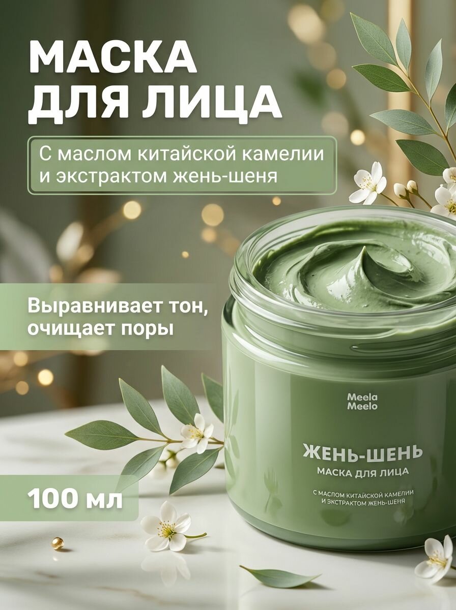 Маска для лица Жень-шень с маслом китайской камелии и экстрактом женьшеня для выравнивания тона и борьбы с постакне, 100 мл