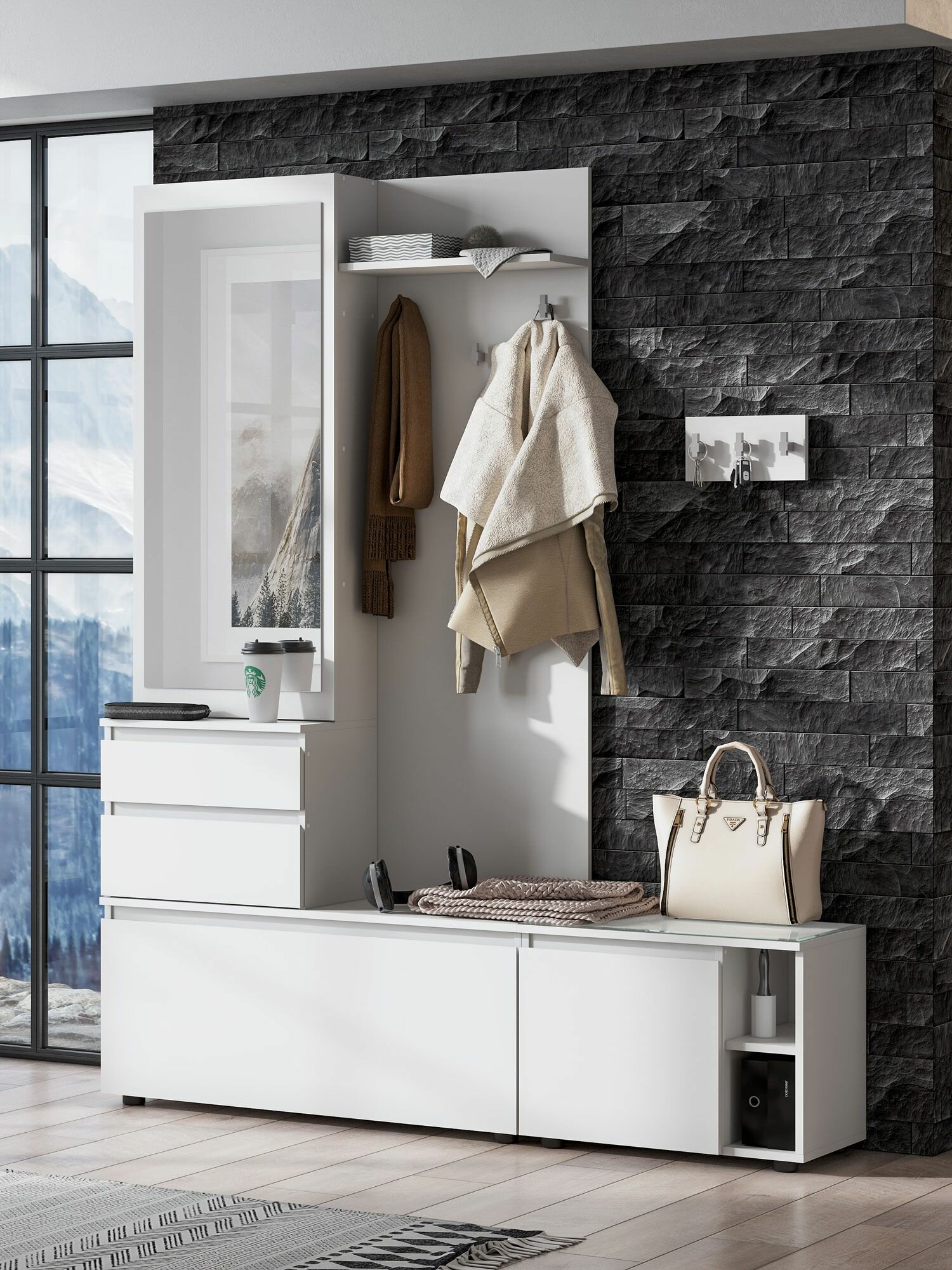 Прихожая комплект Одри с вешалкой, с полками, с ящиками, с обувницей, с зеркалом, 100.1х35х200 см, Белый